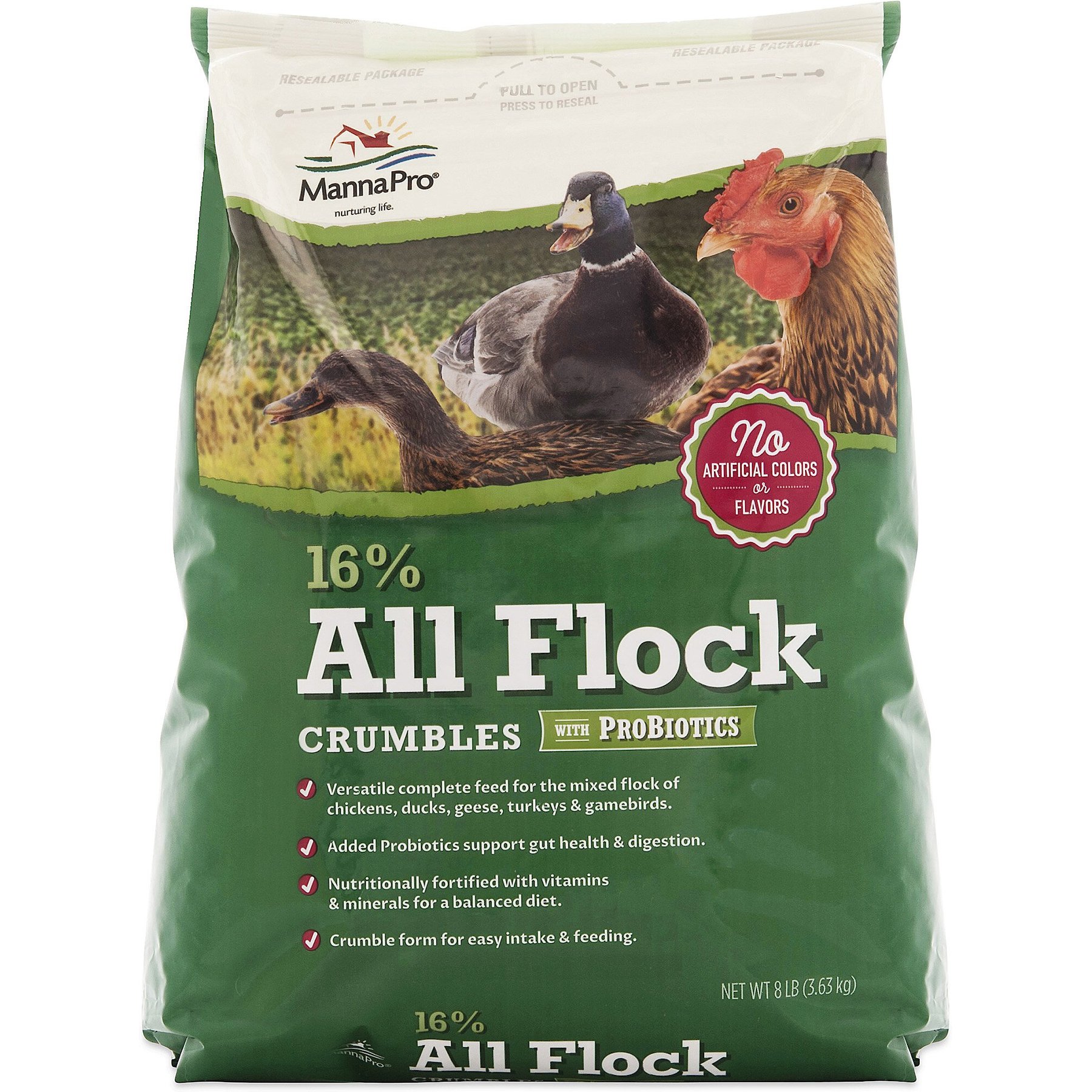 MANNA PRO 16% All Flock Crumbles with Probiotics Chicken & Duck Food, 8 ...