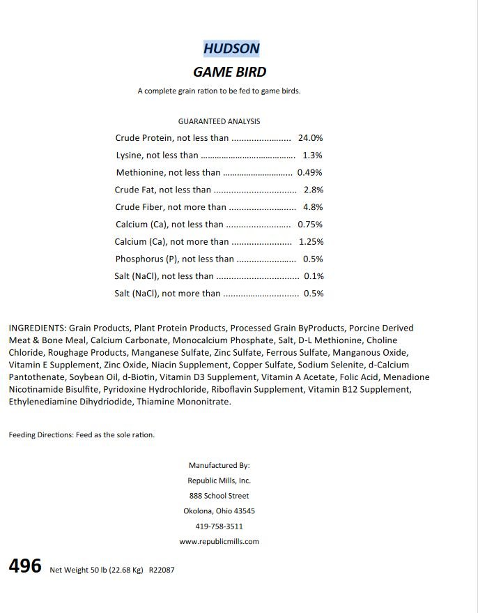 HUDSON FEEDS Poultry Feeds 24% Pellet Game Bird Food, 50-lb bag - Chewy.com