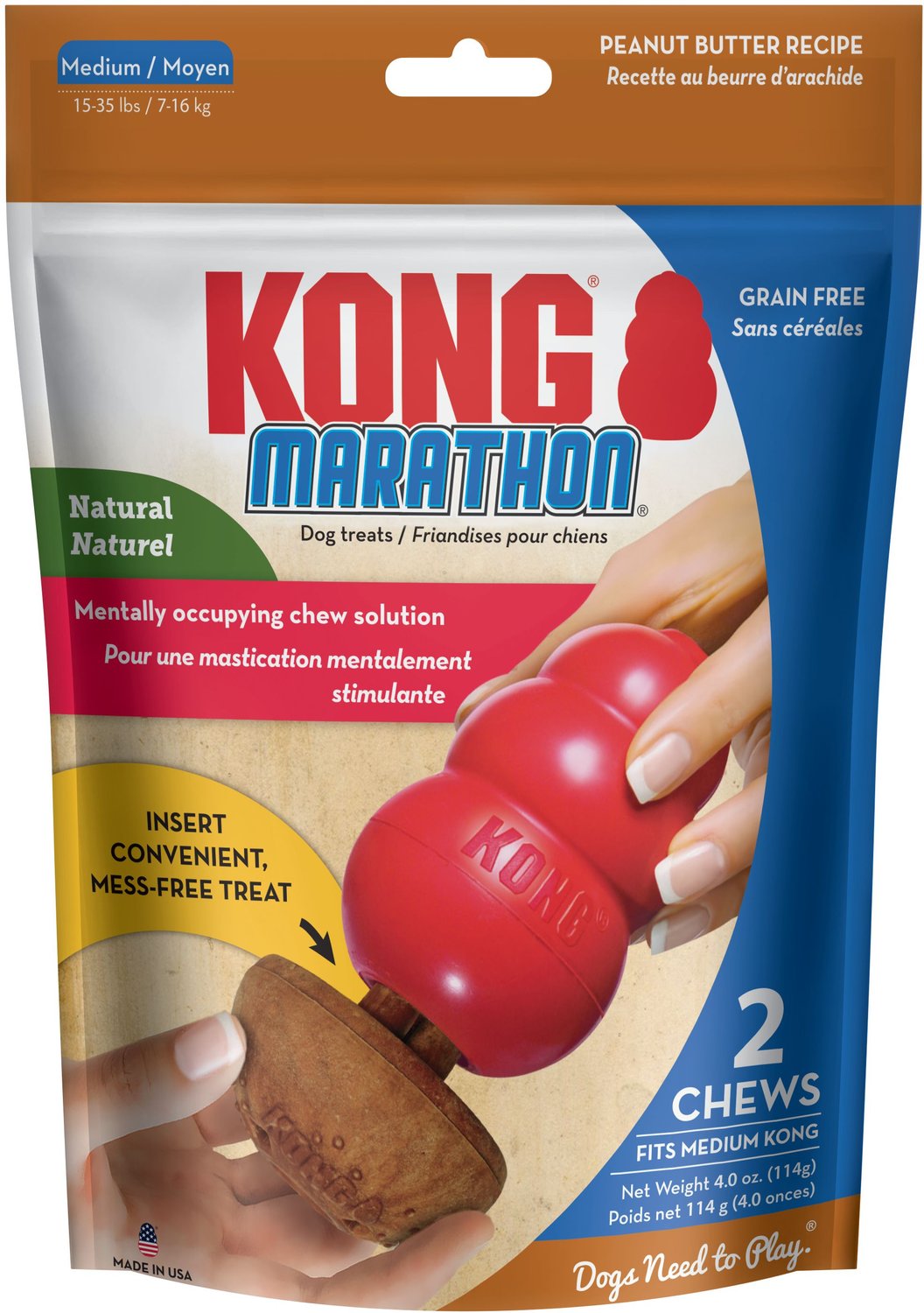 KONG Marathon Peanut Butter Recipe Grain-Free Dog Chew Medium Treats, 2 ...