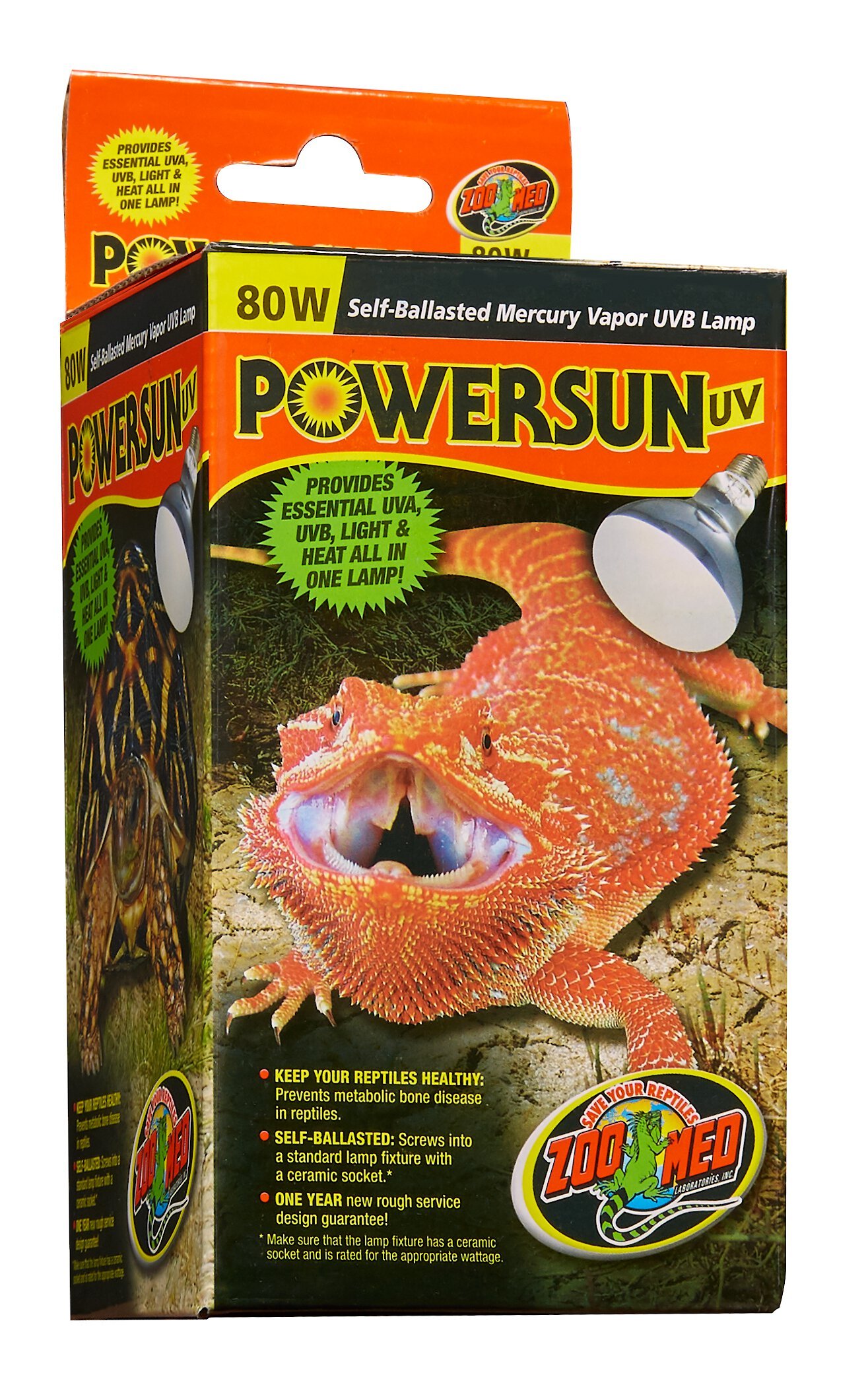 ZOO MED PowerSun UV Self-Ballasted Mercury Vapor UVB Reptile Terrarium Lamp, 80-watt Customer ...