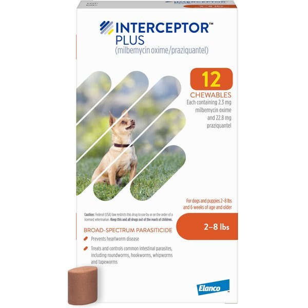 INTERCEPTOR PLUS Chew for Dogs, 2-8 lbs, (Orange Box), 12 Chews (12-mos ...