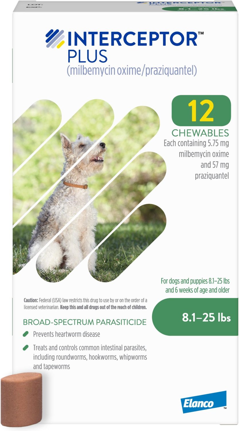 INTERCEPTOR PLUS Chew for Dogs, 8.1-25 lbs, (Green Box), 12 Chews (12 ...