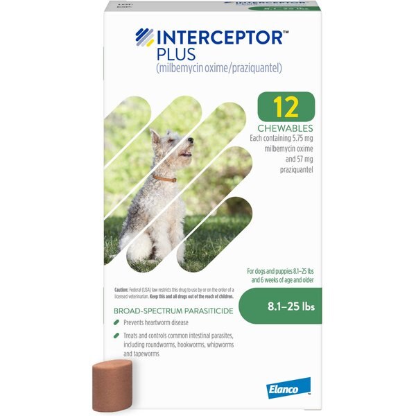 INTERCEPTOR PLUS Chew for Dogs, 8.1-25 lbs, (Green Box), 12 Chews (12 ...
