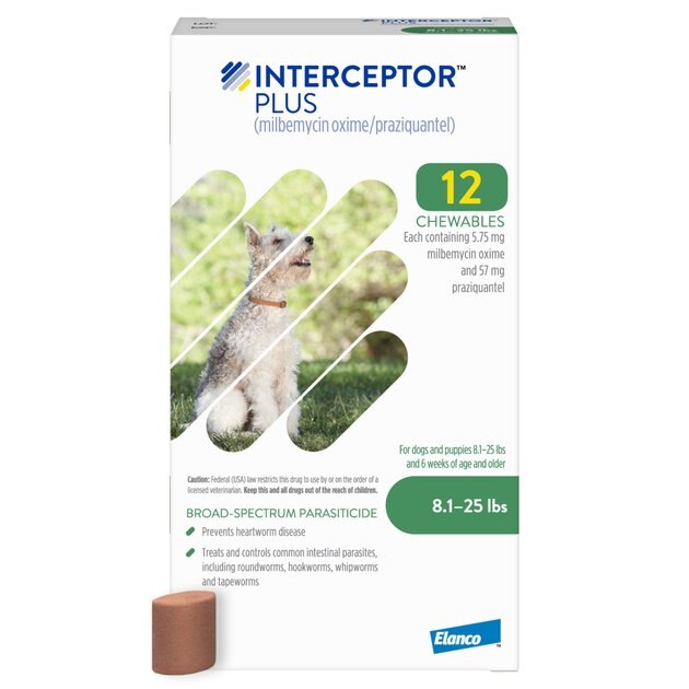INTERCEPTOR PLUS Chew for Dogs, 8.1-25 lbs, (Green Box), 12 Chews (12 ...