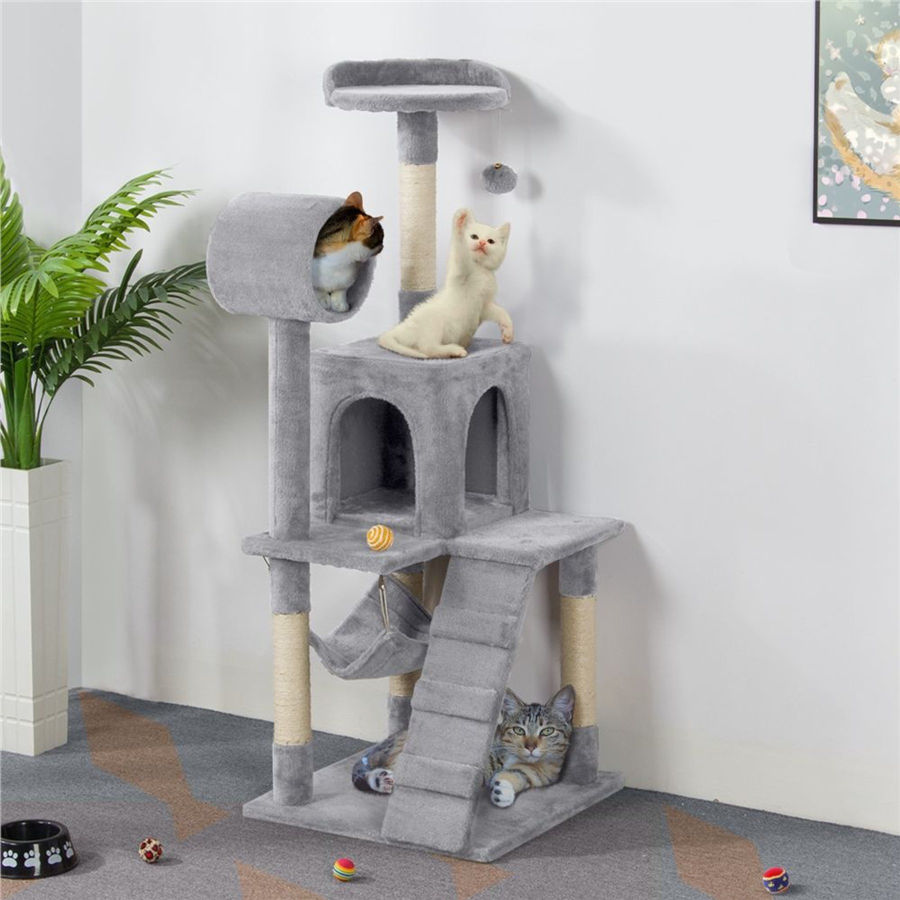 YAHEETECH 51-in Plush Multi-Cat Kitten Tree & Condo, Light Gray - Chewy.com