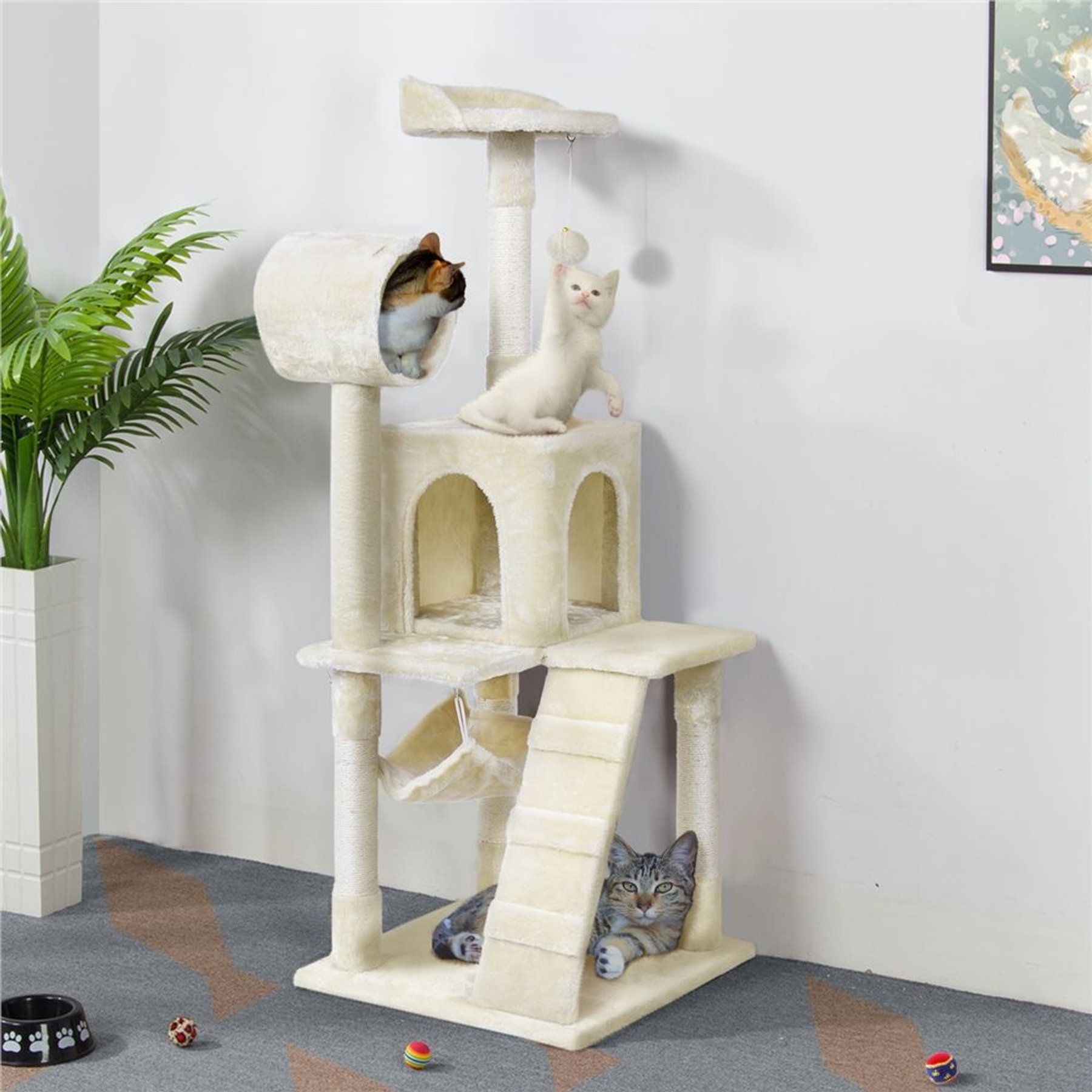 YAHEETECH 51-in Plush Multi-Cat Kitten Tree & Condo, Beige - Chewy.com