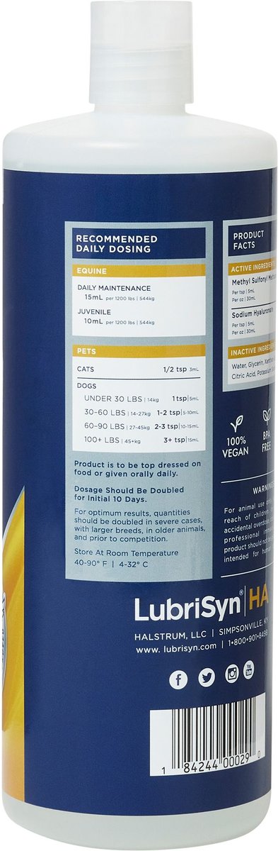 LUBRISYN HA Plus MSM Joint Health Liquid Dog, Cat & Horse Supplement, 1 ...