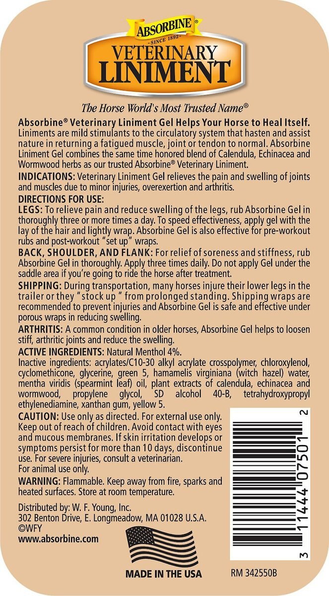ABSORBINE Veterinary Sore Muscle & Joint Pain Relief Horse Liniment Gel ...