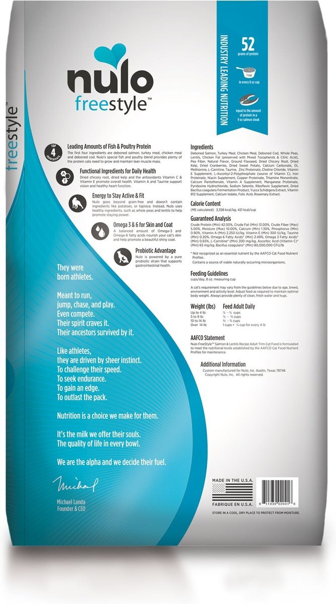 NULO Freestyle Salmon & Lentils Recipe Grain-Free Adult Trim Dry Cat ...