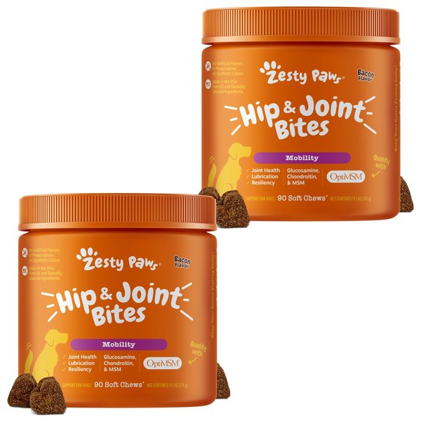 ZESTY PAWS Hip & Joint Bites Bacon Flavored Soft Chews Glucosamine ...