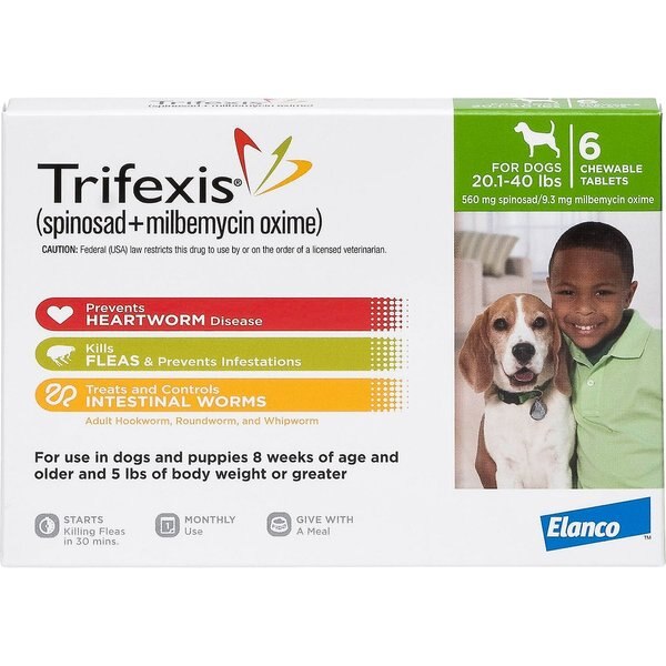 TRIFEXIS Chewable Tablet for Dogs, 20.1-40 lbs, (Green Box), 12 ...