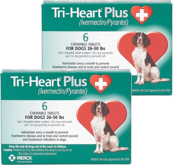 TRI-HEART PLUS Chewable Tablet for Dogs, 26-50 lbs, (Green Box), 12 ...