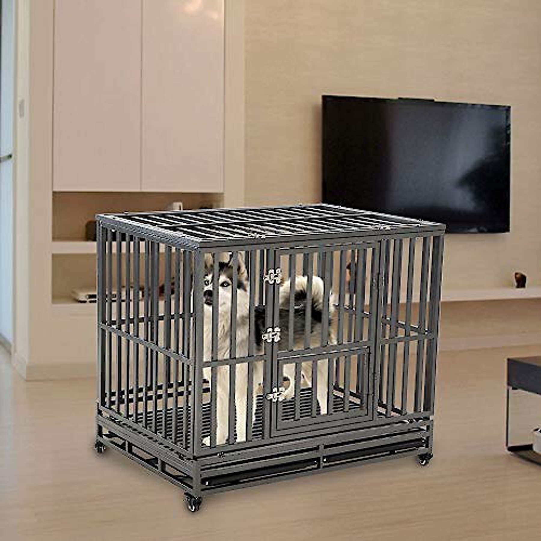 SMONTER Heavy Duty Strong Metal I Shape Dog Crate, Dark Silver, 42-in ...