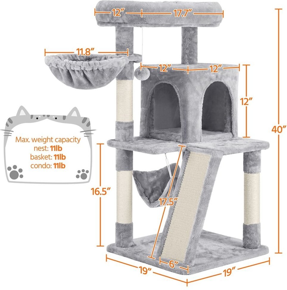 YAHEETECH 40-in Cat Tower with Condo, Light Gray - Chewy.com