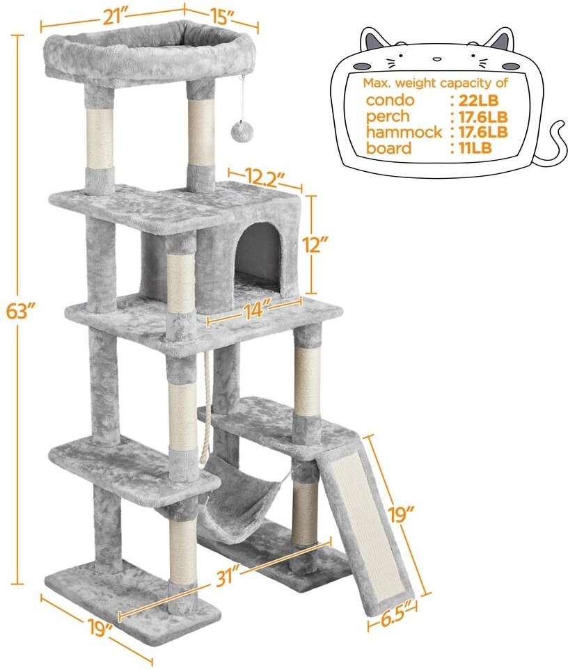 Out of Stock - YAHEETECH Multi-Level 63-in Plush Cat Tree, Light Gray ...