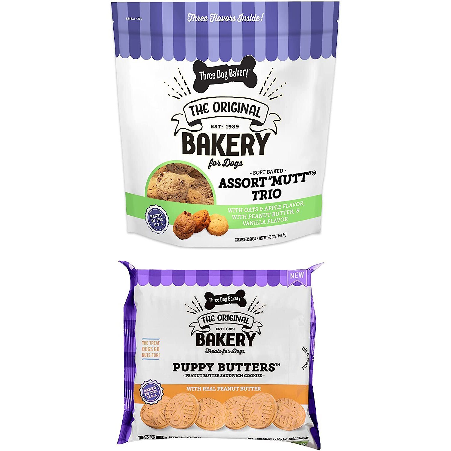 THREE DOG BAKERY Assortmutt & Puppy Butters Variety Pack Dog Treats, 59 ...