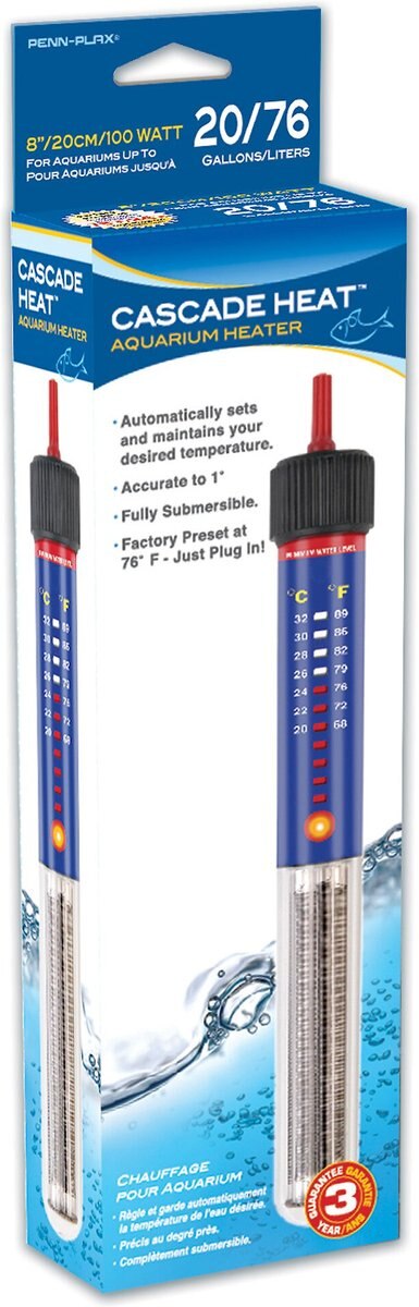 PENN-PLAX Cascade Heat Preset Submersible Aquarium Heater, 8-in, 100 ...