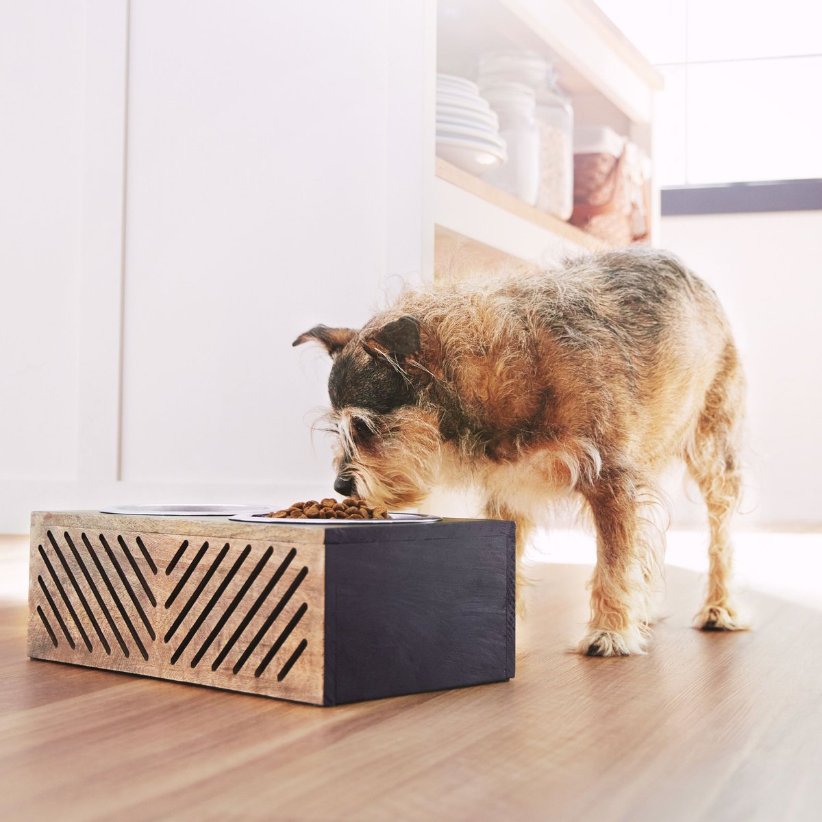 FRISCO Premium Wooden with Stainless Steel Elevated Double Diner Dog ...