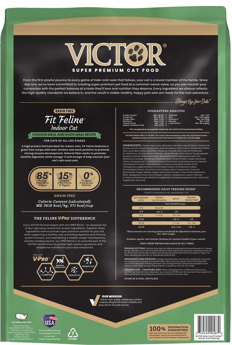 VICTOR Fit Feline Indoor Grain-Free Chicken Meal & Duck Meal Recipe Dry ...