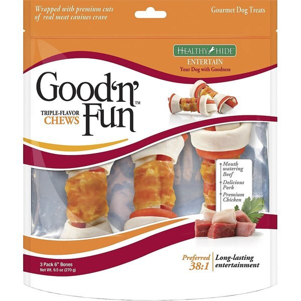 GOOD 'N' FUN Triple Flavor Beef, Pork & Chicken Dog Chews, 6-inch, 9 ...