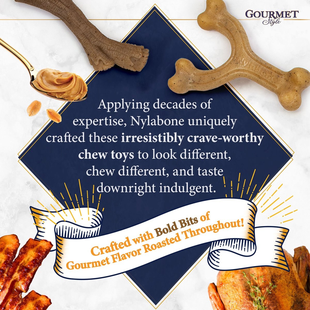 NYLABONE Gourmet Style Strong Chew Wishbone Bacon Dog Toy, Bacon, Small ...