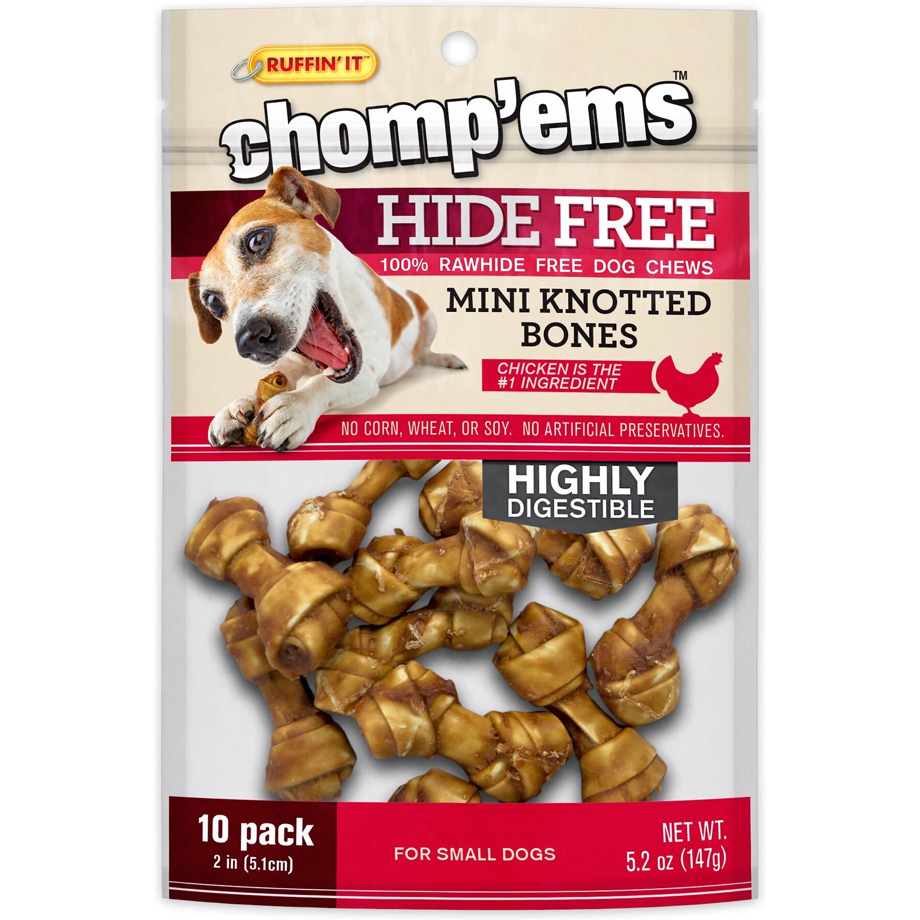 CHOMP'EMS Hide-Free Chicken Mini Knot Bones Dog Treats, 10 count ...