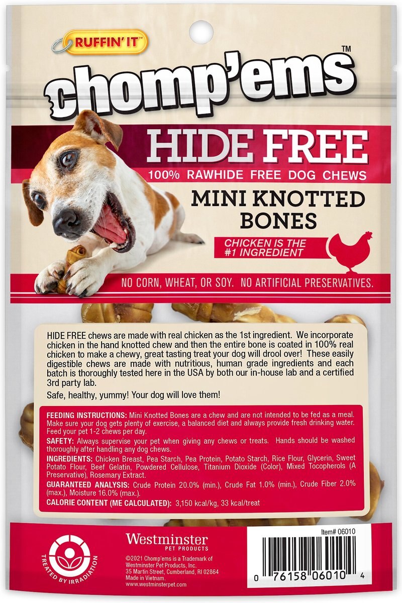 CHOMP'EMS Hide-Free Chicken Mini Knot Bones Dog Treats, 10 count ...