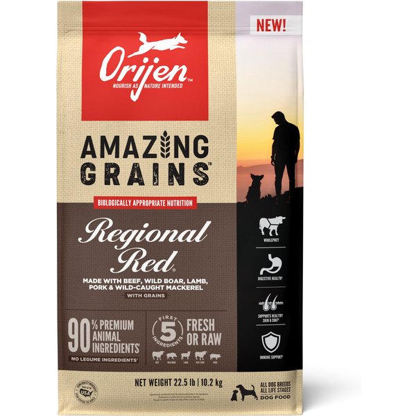 ORIJEN Amazing Grains Regional Red Dry Dog Food, 22.5-lb bag - Chewy.com