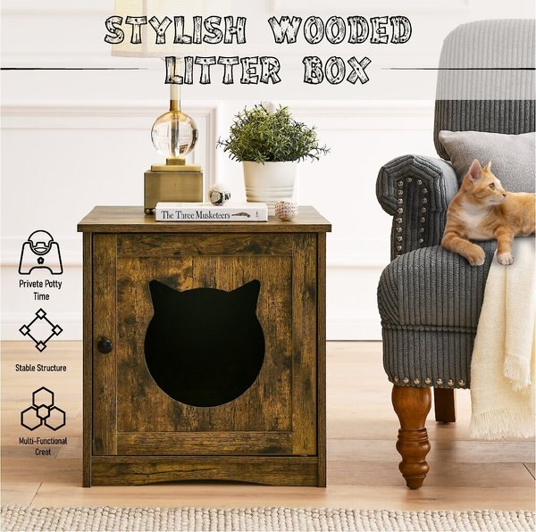 SWEET BARKS Enclosed House Side Table Cat Litter Box, Rustic Brown ...