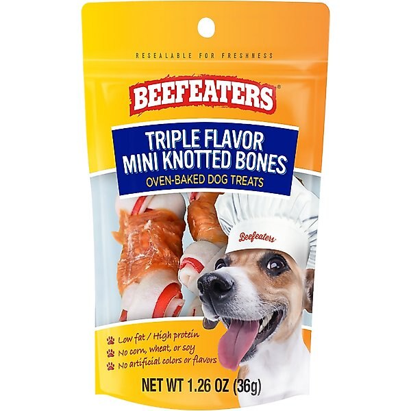 BEEFEATERS Triple Flavor Mini Knotted Bone Jerky Dog Treat, 1.26-oz ... BEEFEATERS Triple Flavor Mini Knotted Bone Jerky Dog Treat, 1.26-oz ...