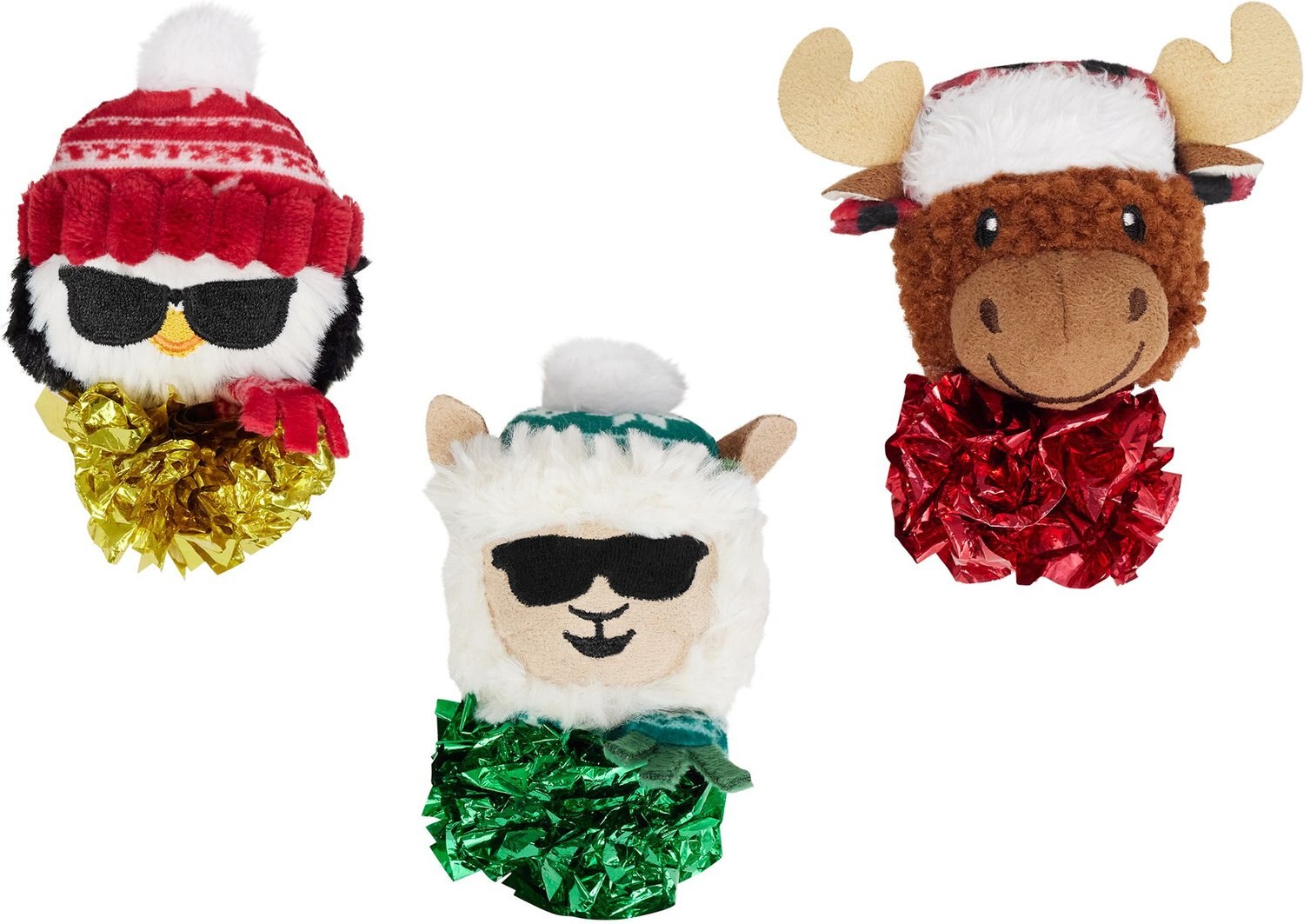 FRISCO Holiday Penguin, Llama and Moose Crinkle Ball Bungee & Plush Cat ...