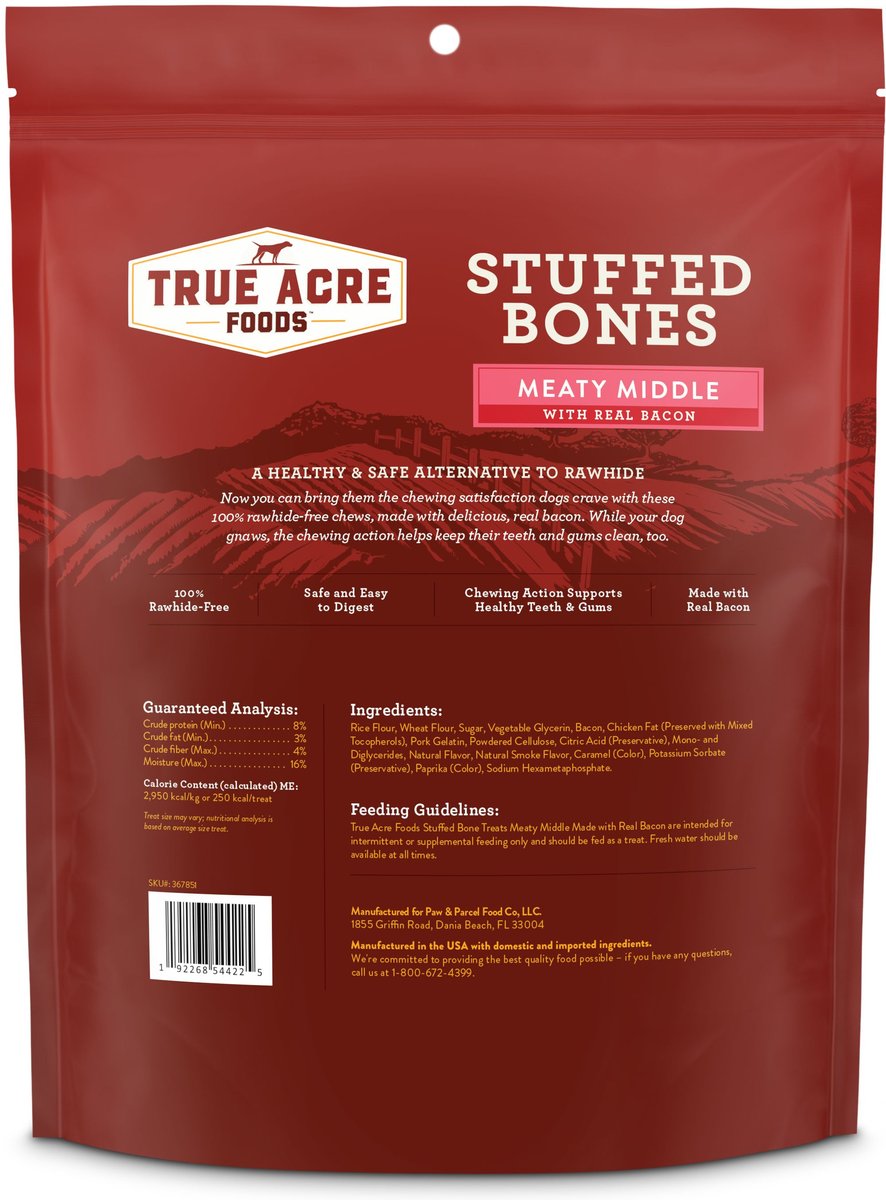 TRUE ACRE FOODS Large Stuffed Bone Treats Meaty Middle Made with real Bacon, 6 count - Chewy.com