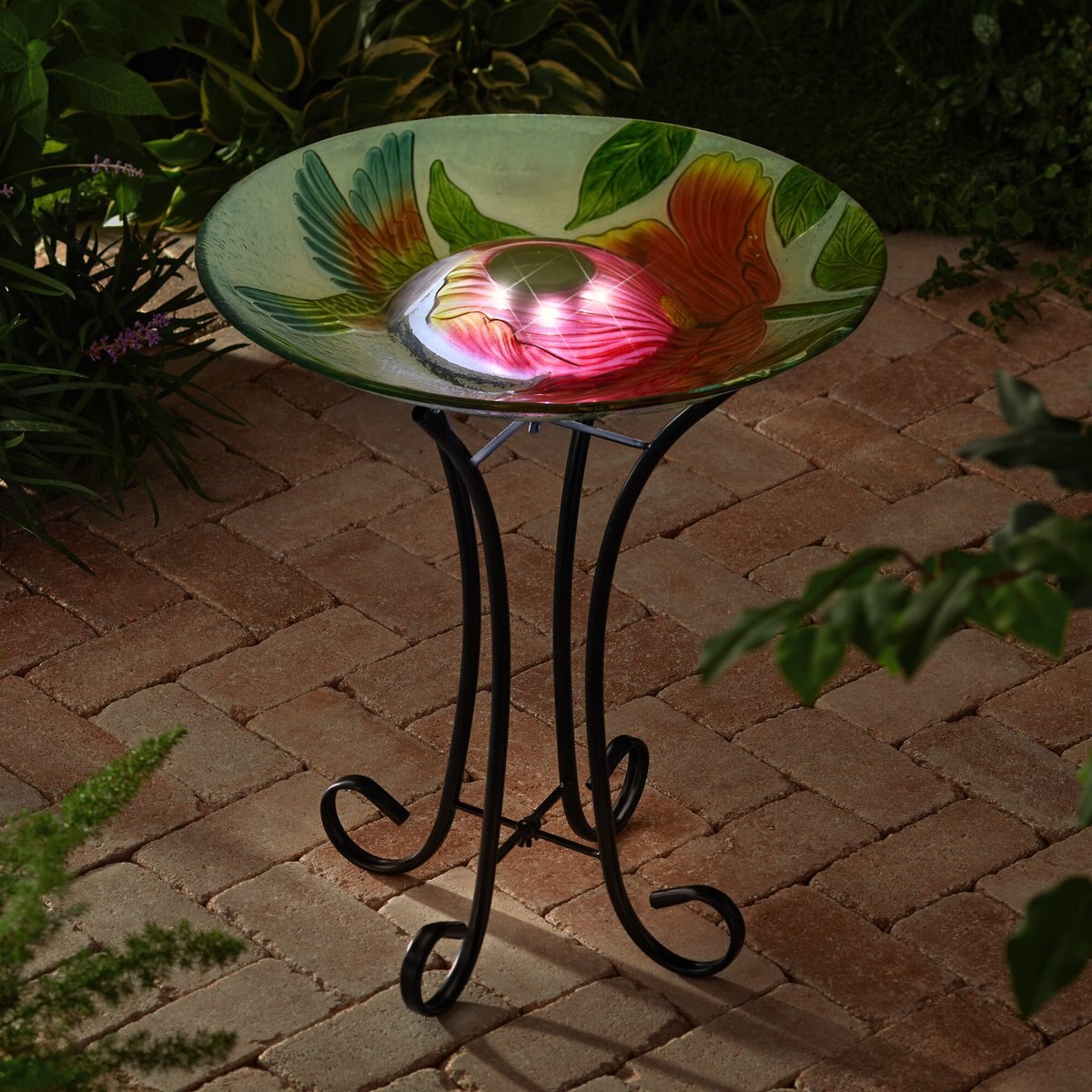 HI-LINE GIFT Solar Hummingbird with Poppy Glass Bird Bath with Stand ...