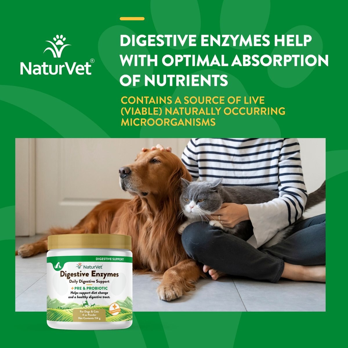 NATURVET Digestive Enzymes Plus Probiotic Powder Digestive Supplement ...