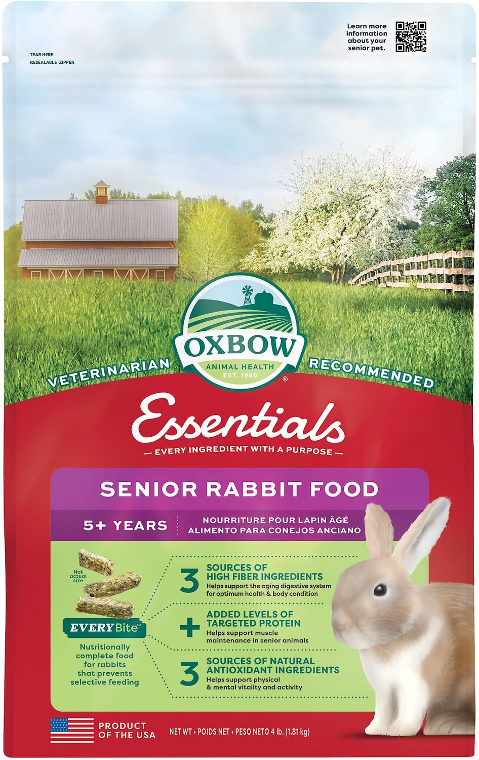 OXBOW Animal Healthy Essentials Natural Pellets Senior Rabbit Food, 4 ...