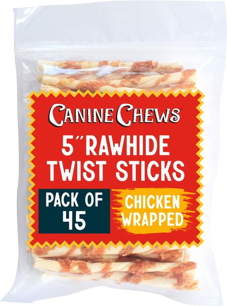 CANINE CHEWS 5-inch Rawhide Twist Chicken Flavor Dental Dog Chews, 45 ...