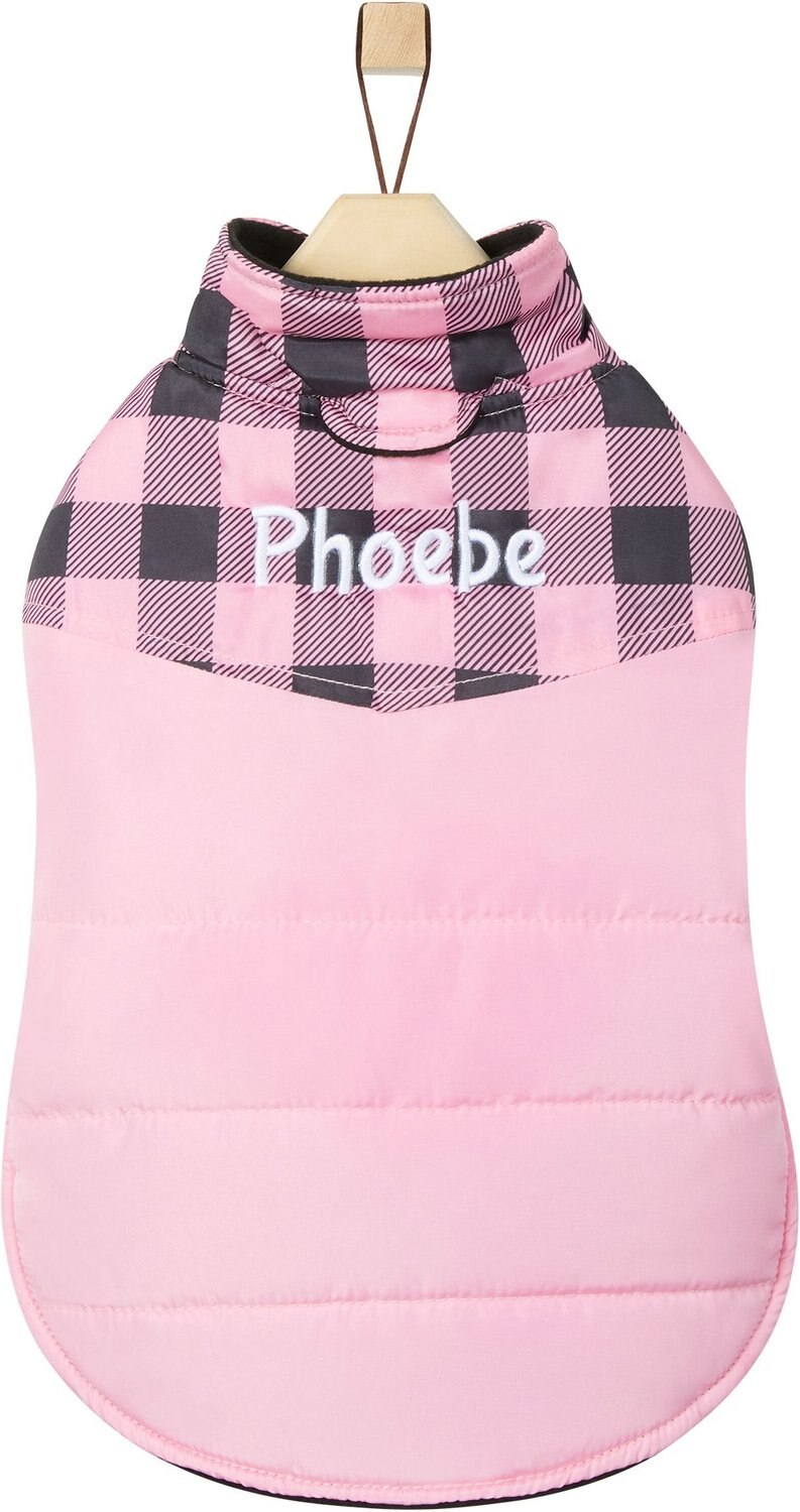 FRISCO Personalized Boulder Plaid Insulated Dog & Cat Puffer Coat, Pink ...