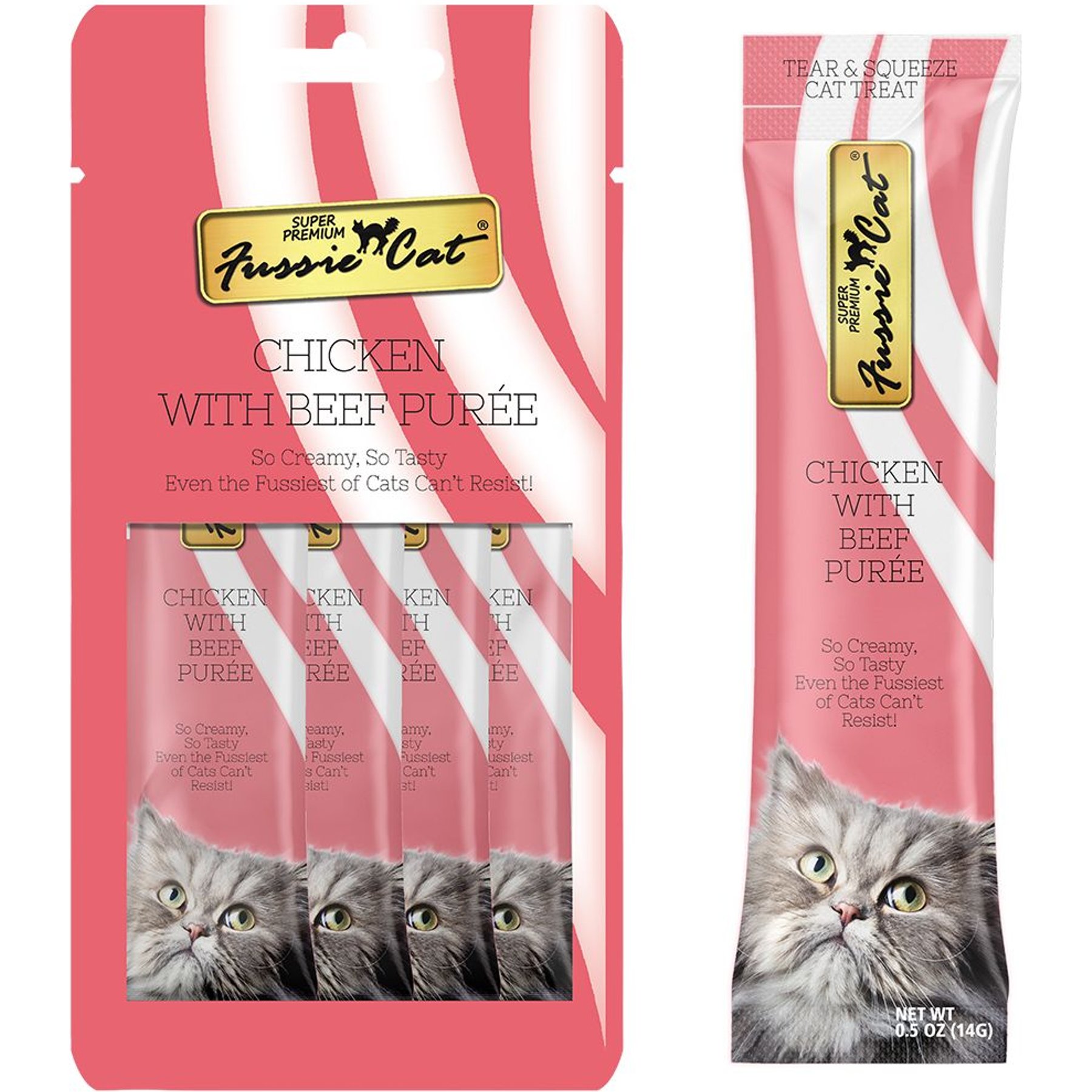 FUSSIE CAT Chicken & Beef Puree Lickable Cat Treats, 2-oz pouch - Chewy.com