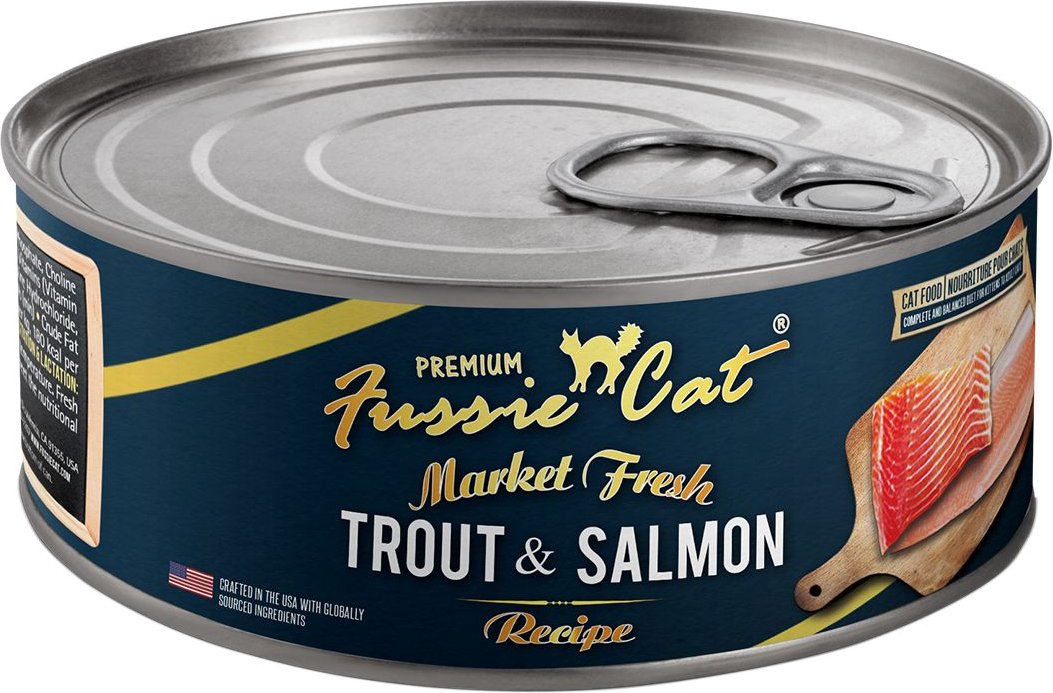 FUSSIE CAT Market Fresh Trout & Salmon Wet Cat Food, 5.5-oz can, case ...