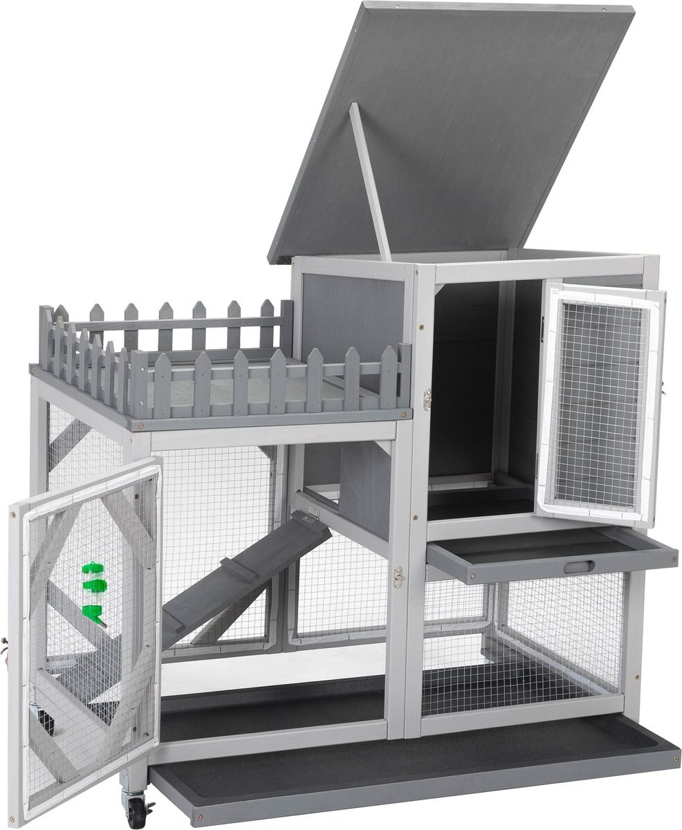 COZIWOW Rolling Rabbit Hutch with Balcony & Tray, Grey - Chewy.com