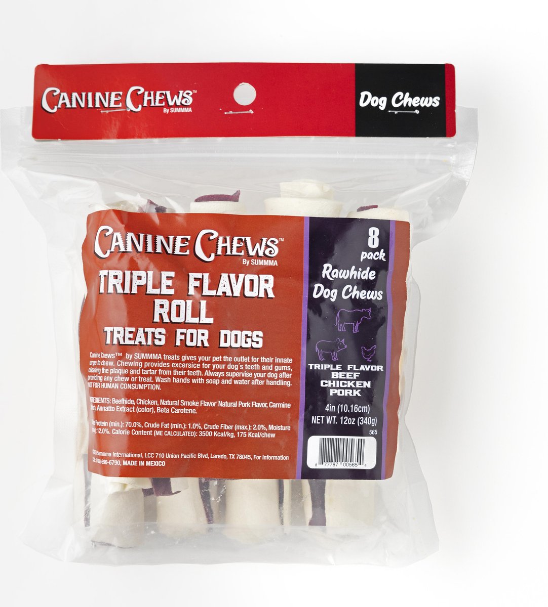 CANINE CHEWS 4-inch Triple Roll Chicken, Beef, & Pork Flavored Rawhide ...