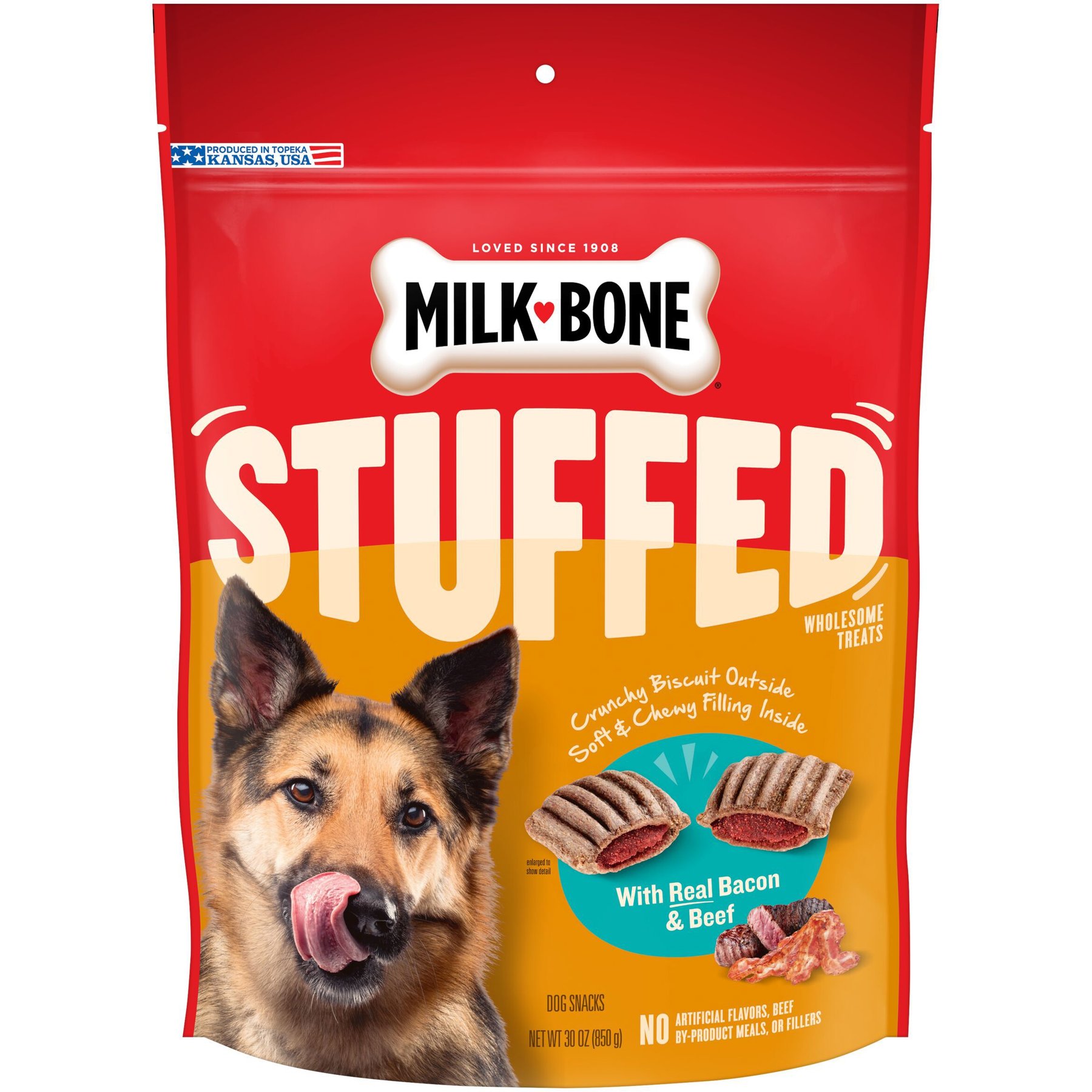 MILK-BONE Stuffed Biscuits with Real Bacon & Beef Dog Treats, 30-oz box ...