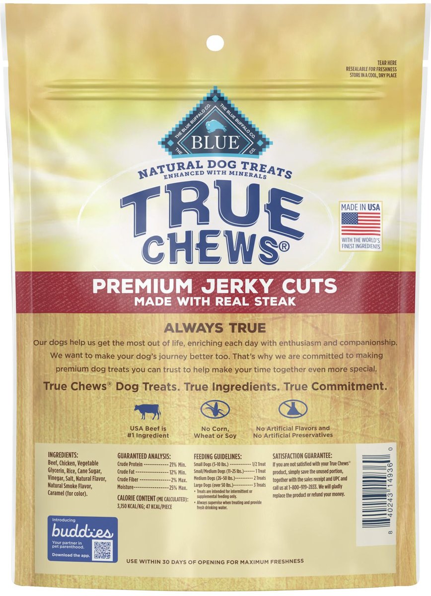 BLUE BUFFALO True Chews Premium Jerky Cuts Natural Steak Dog Treats, 10 ...