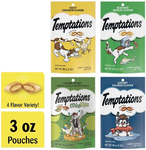 TEMPTATIONS Holiday Variety Pack Adult Cat Treats, 3-oz pouch, case of ...