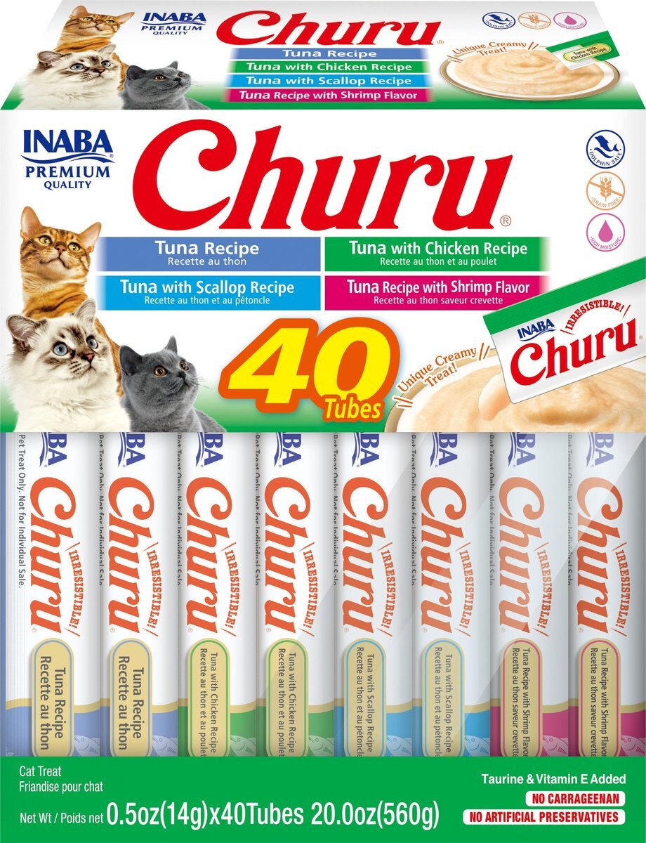 INABA Churu Tuna & Seafood Variety Creamy Puree Grain-Free Lickable Cat Treats, 0.5-oz tube, 40 ...