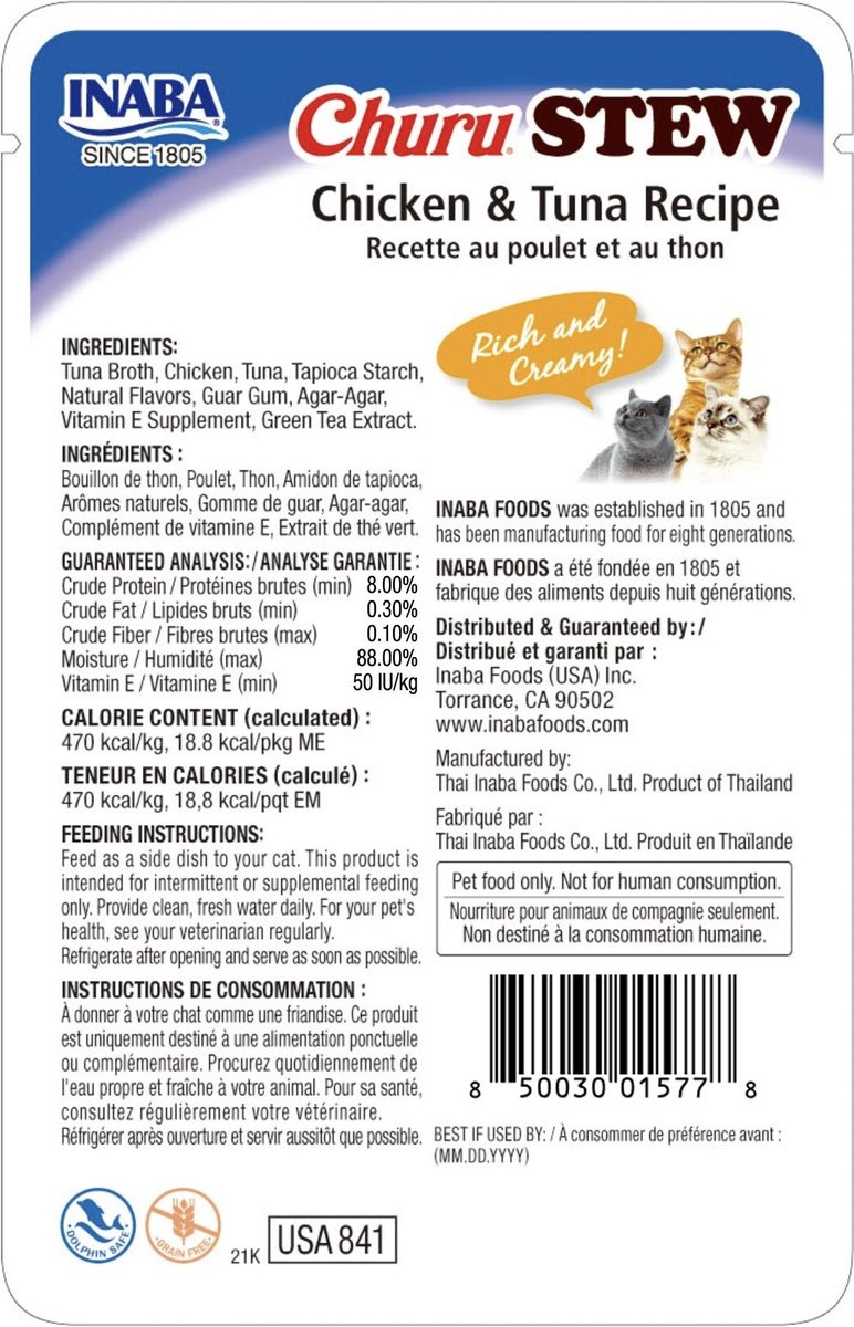 INABA Churu Stew Chicken & Tuna Recipe Grain-Free Lickable Cat Treats ...