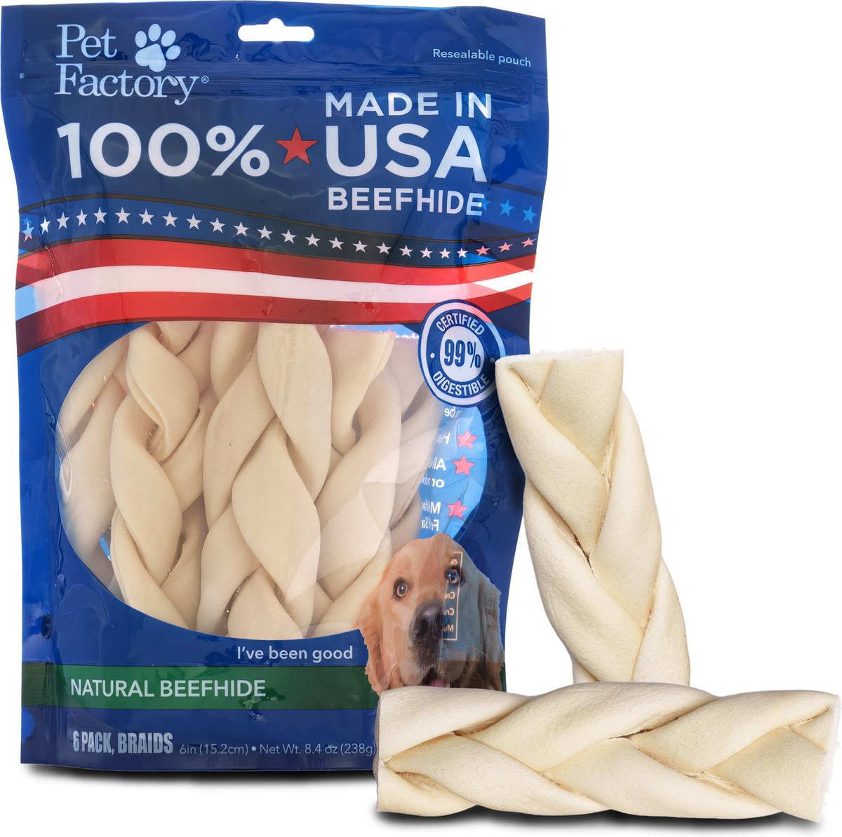 PET FACTORY Beefhide 6-inch Braided Sticks Natural Flavored Dog Hard ...