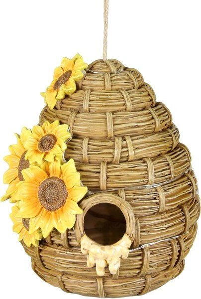 EXHART Solar Sunflower Hand Painted Bee Hive Hanging Bird House - Chewy.com