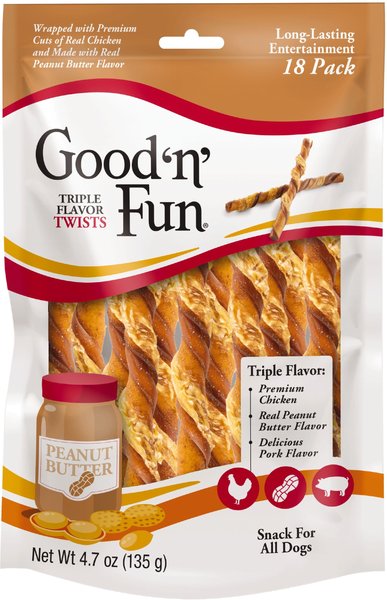 GOOD 'N' FUN Triple Flavor Peanut Butter Twists Dog Rawhide Treat, 4.7 ...