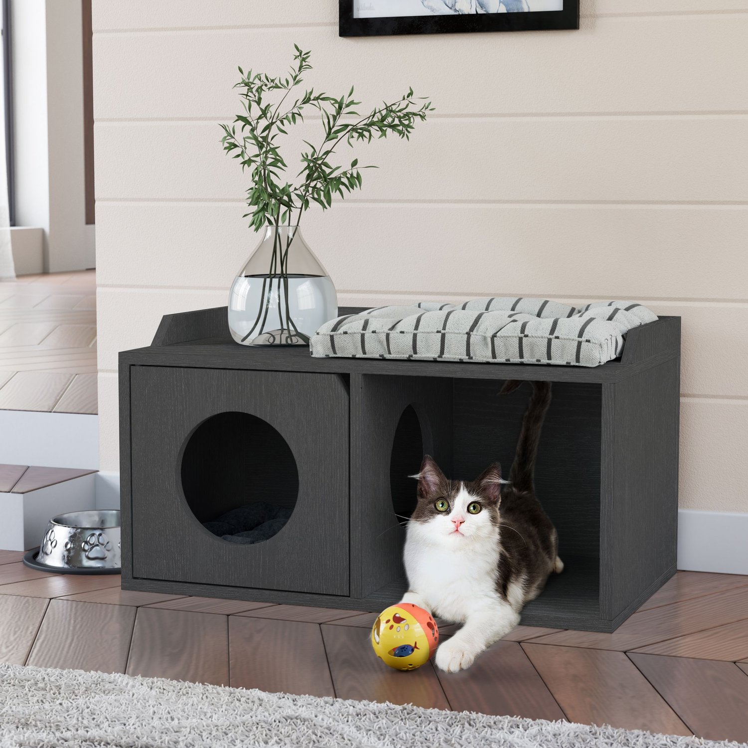 WAY BASICS Double Hole with 1 Door Cat House, Medium, Charcaol Black ...